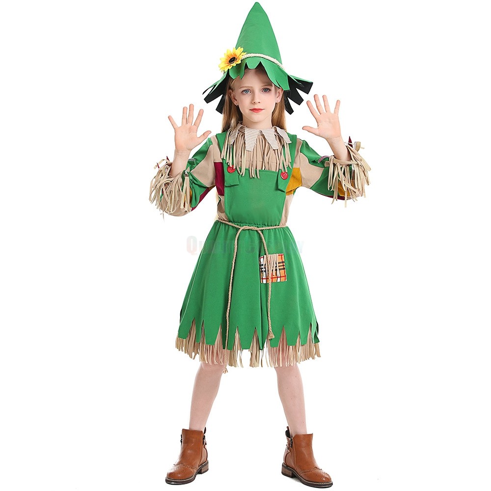 Green Scarecrow Cosplay Dress Halloween Stage Costume For Kids - HQCOSPLAY