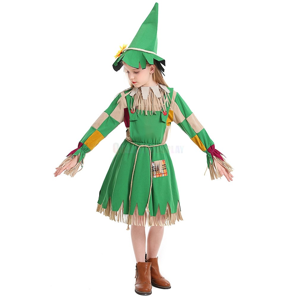 Green Scarecrow Cosplay Dress Halloween Stage Costume For Kids - HQCOSPLAY