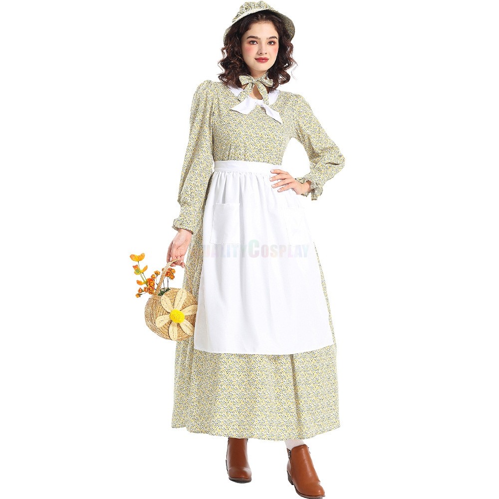 Prairie Colonial Floral Dress Adult Halloween Cosplay Costume - HQCOSPLAY