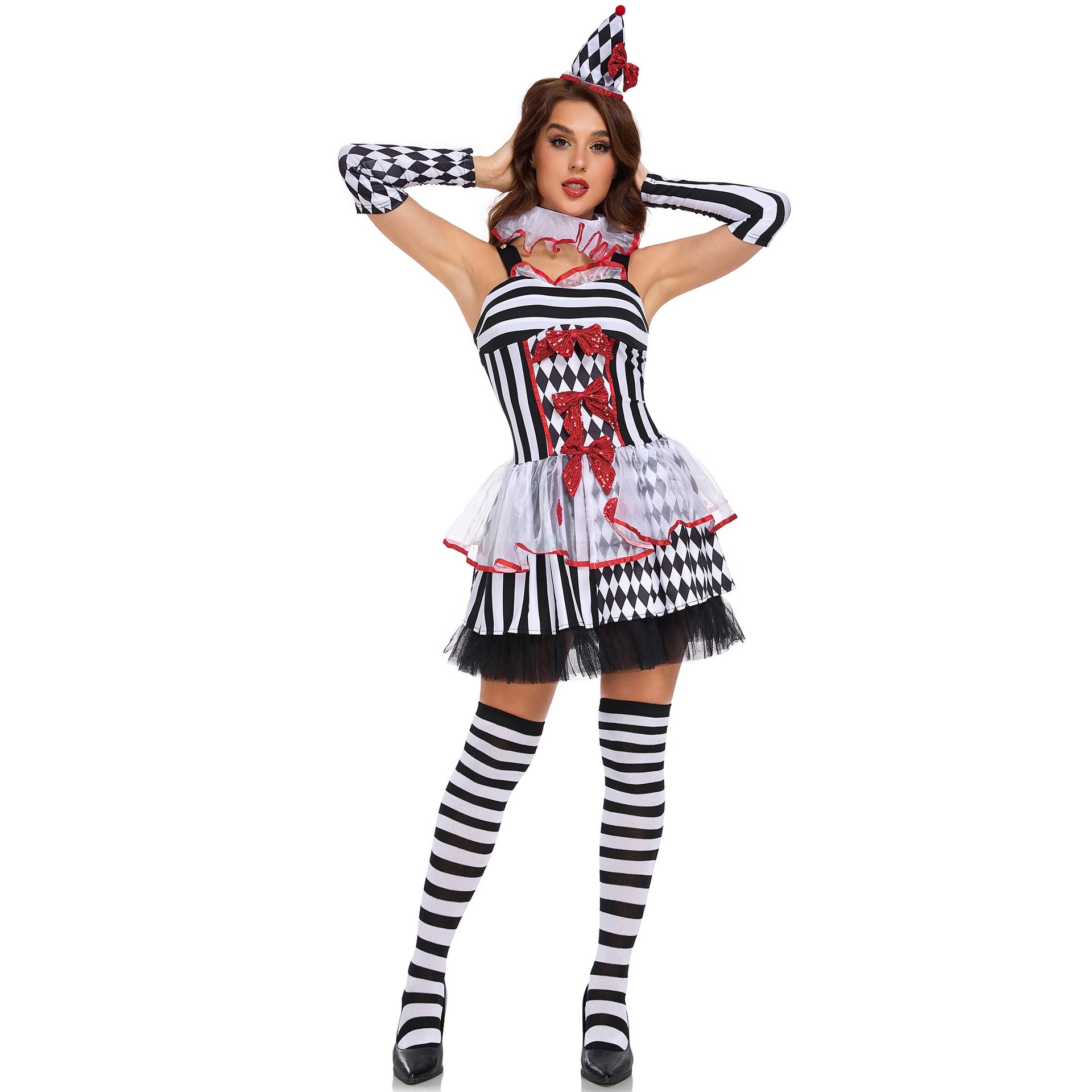 Black and White Checkered Clown Halloween Cosplay Stage Costume - HQCOSPLAY
