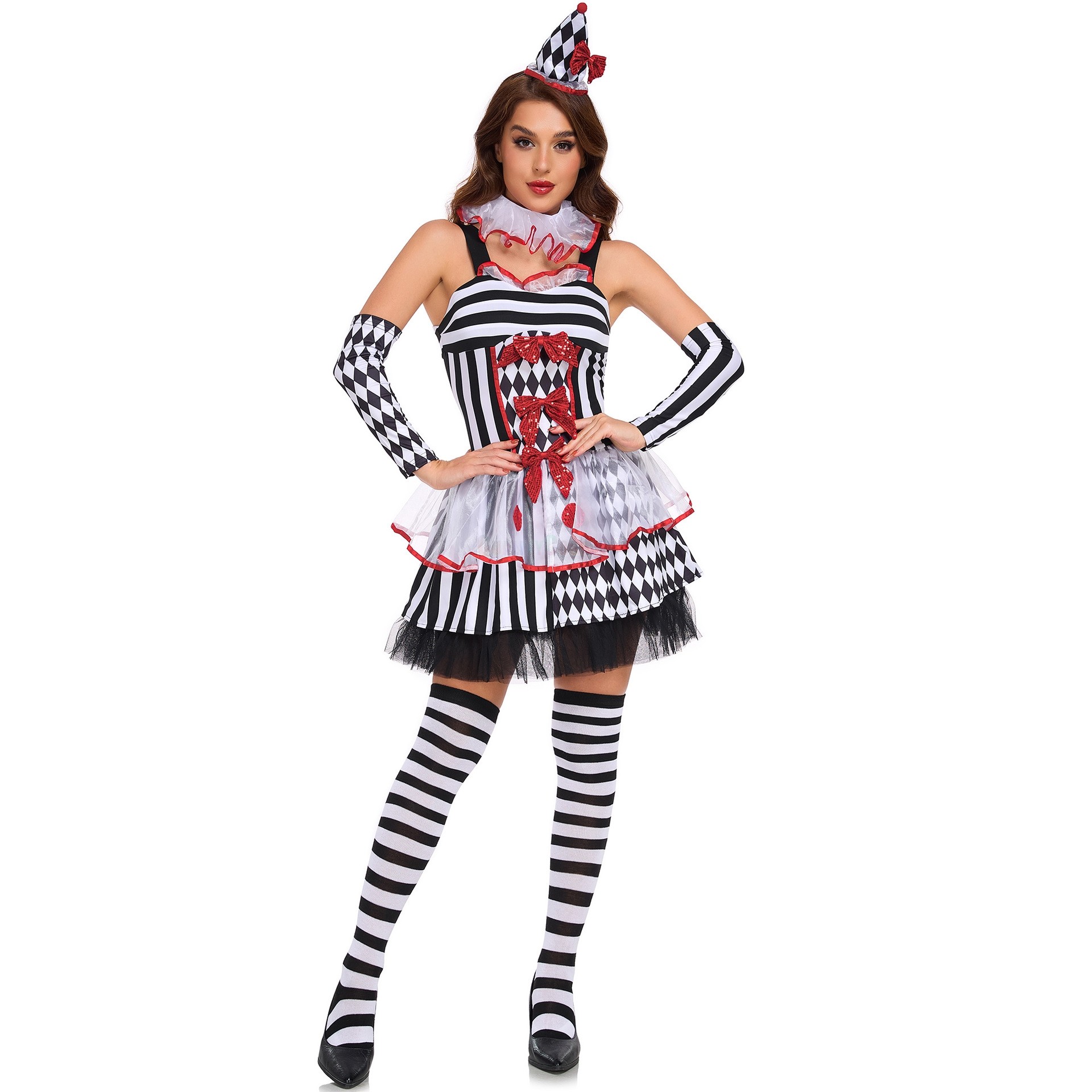 Black and White Checkered Clown Halloween Cosplay Stage Costume - HQCOSPLAY
