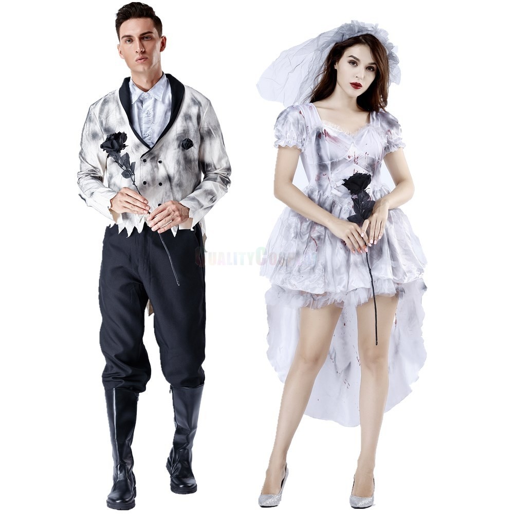 Hallween Creepy Cemetery Ghost Bride & Groom Couple Matching Cosplay ...