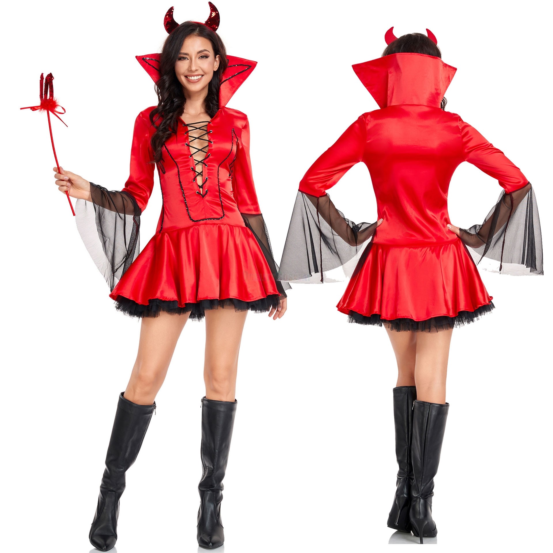 Halloween Evil Witch Costume Red Horned Devil Cosplay Costume - HQCOSPLAY