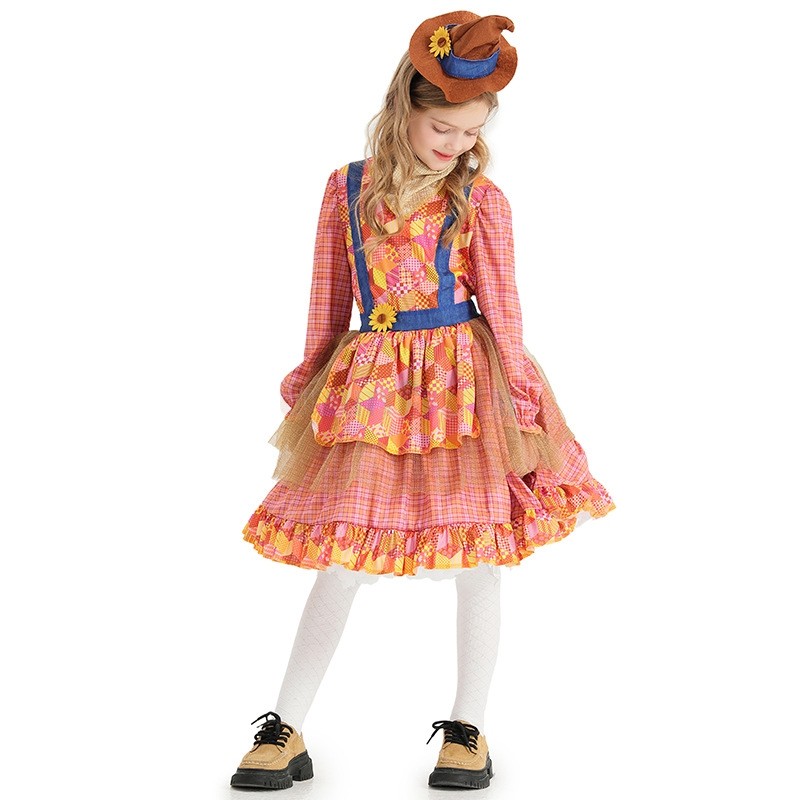 Children's Halloween Scarecrow Pink Plaid Dress - HQCOSPLAY