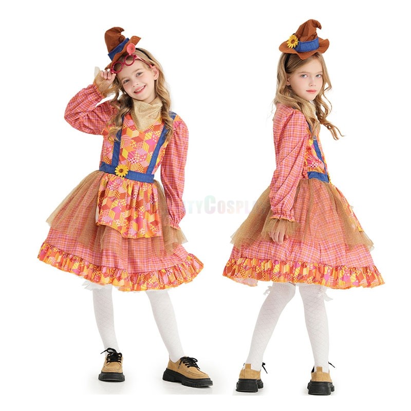 Children's Halloween Scarecrow Pink Plaid Dress - HQCOSPLAY