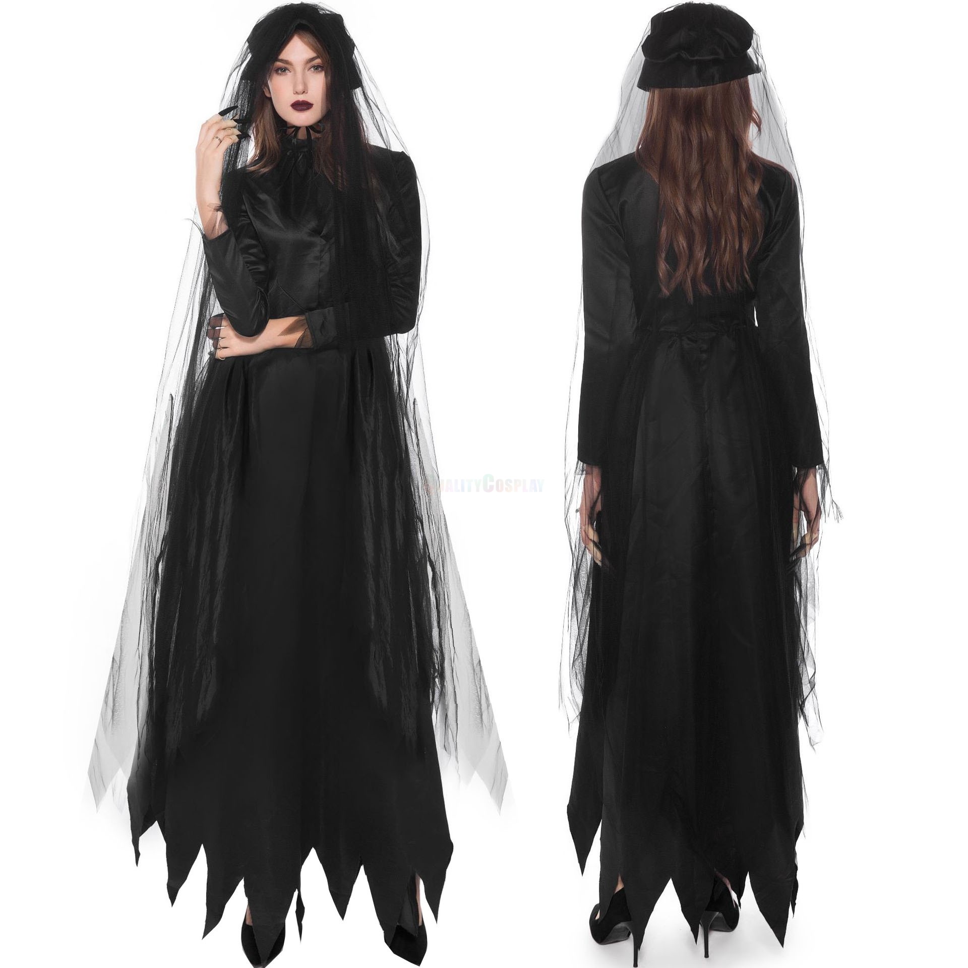 Halloween Black Scary Vampire Bride Dress Cosplay Costume - HQCOSPLAY